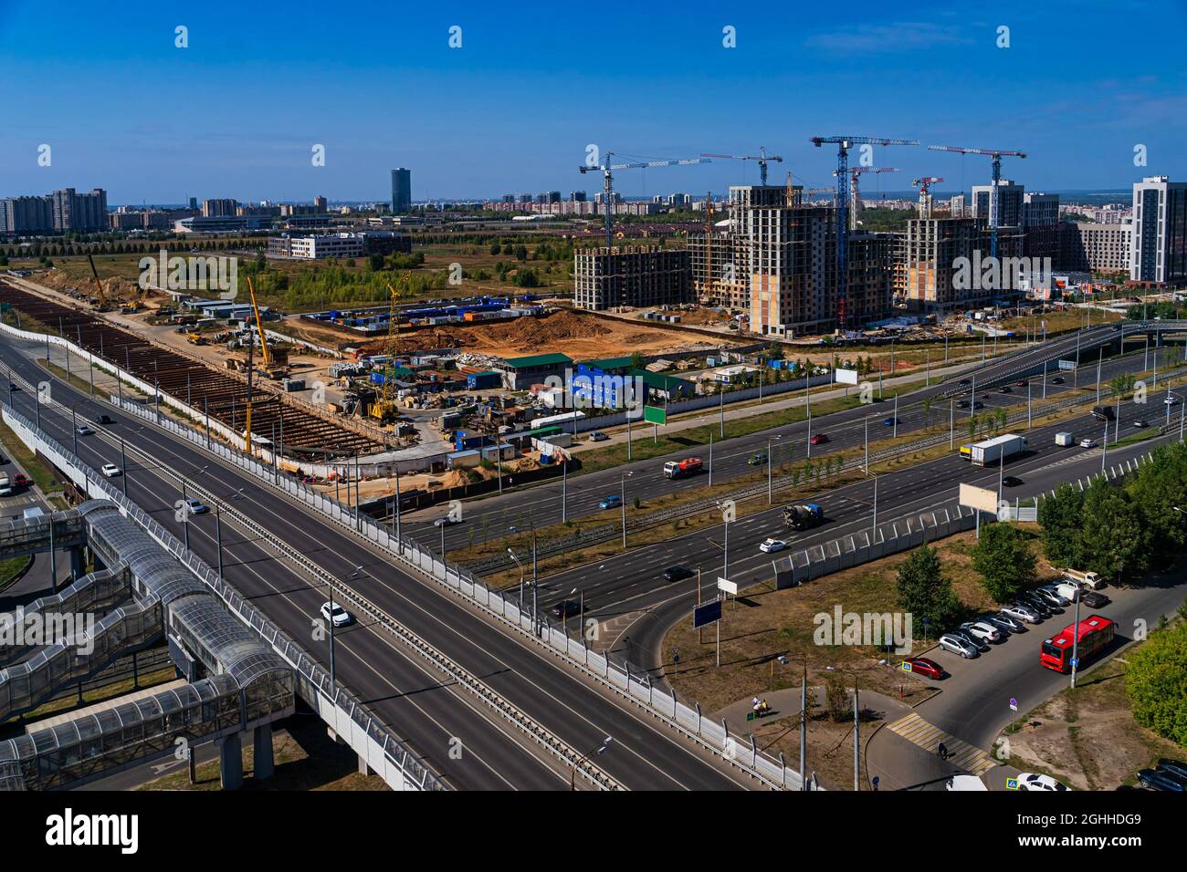 Traffic in the new districts of Kazan. View of highways and flyovers ...