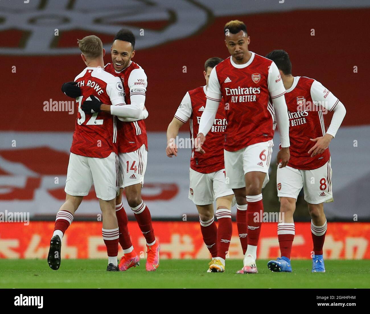 Pierre-Emerick Aubameyang of Arsenal celebrates scoring with Emile ...