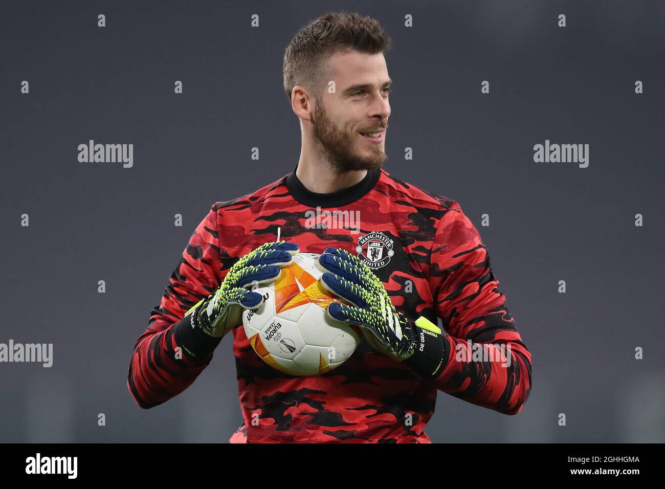 David De Gea of Manchester United smiles during the warm up prior to ...