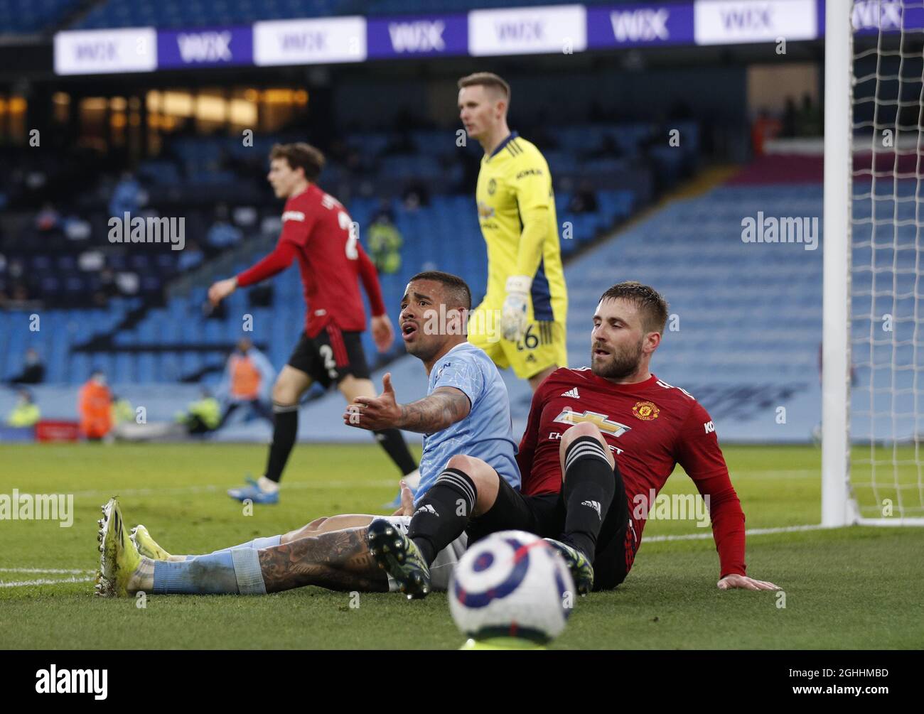 Gabriel Jesus of Manchester City reacts after his challenge with Luke ...