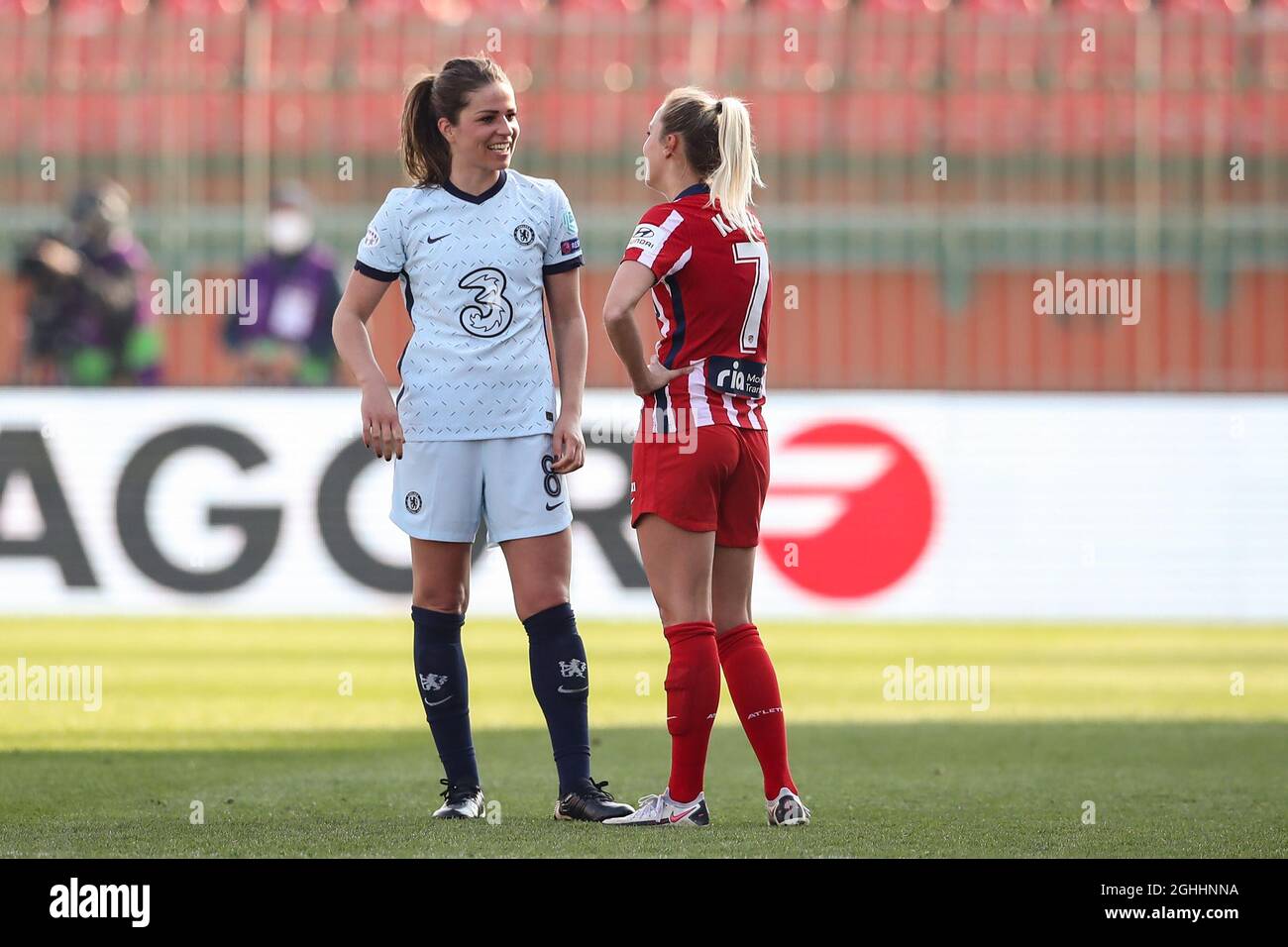 Melanie Leupolz of Chelsea FC discusses with Turid Knaak of Atletico ...
