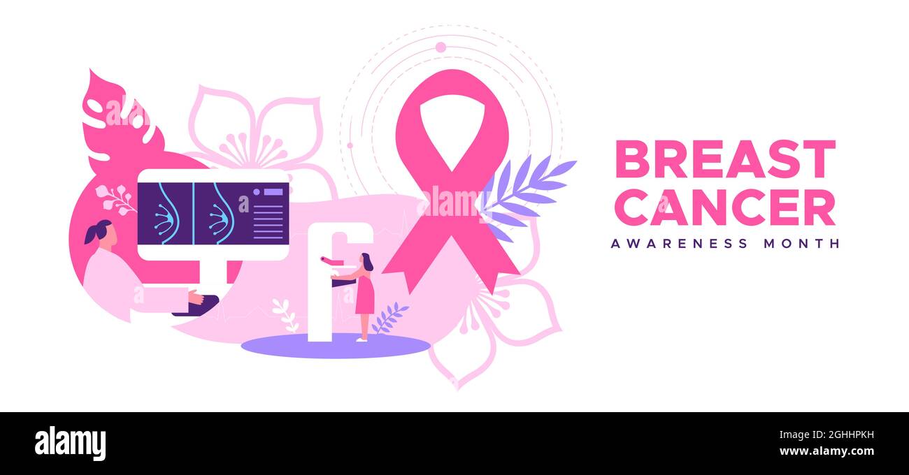 Breast cancer awareness month greeting card illustration. Young woman ...