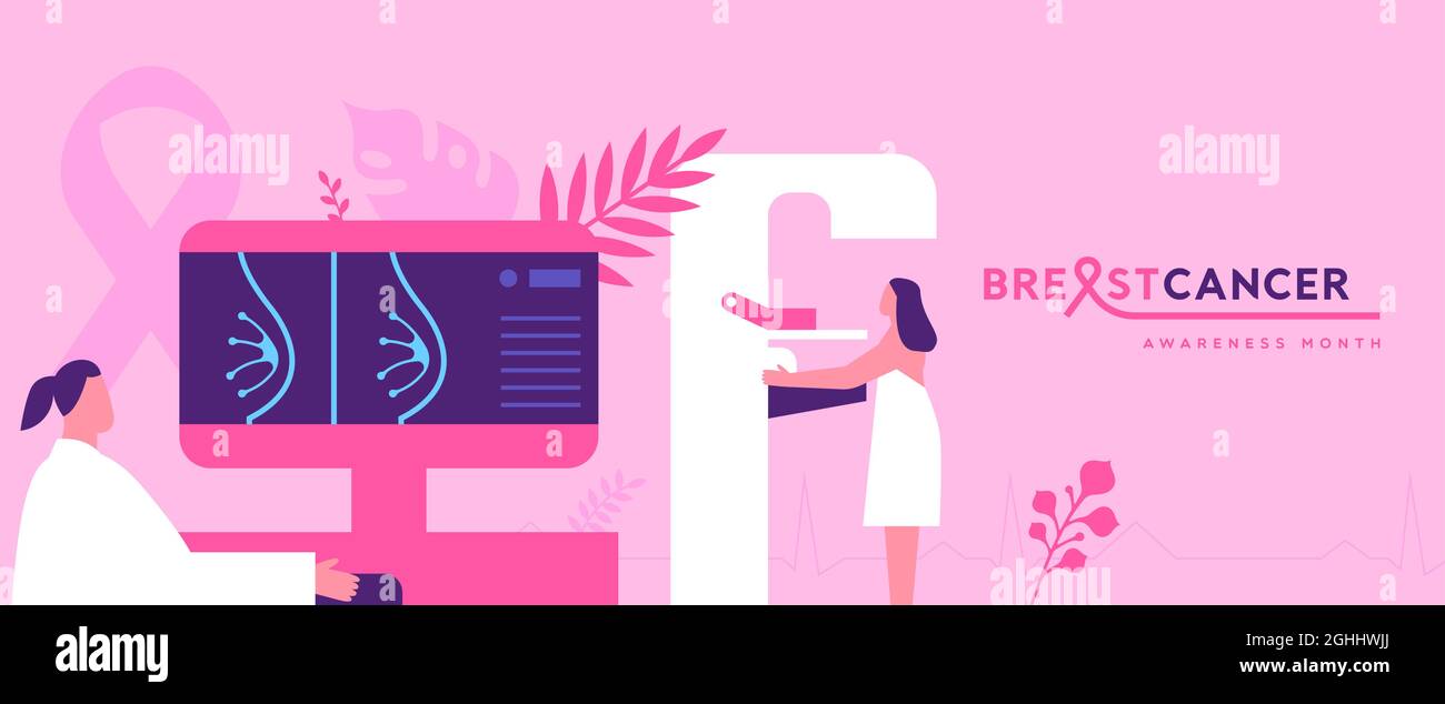 Breast cancer awareness month web banner illustration. Young woman ...