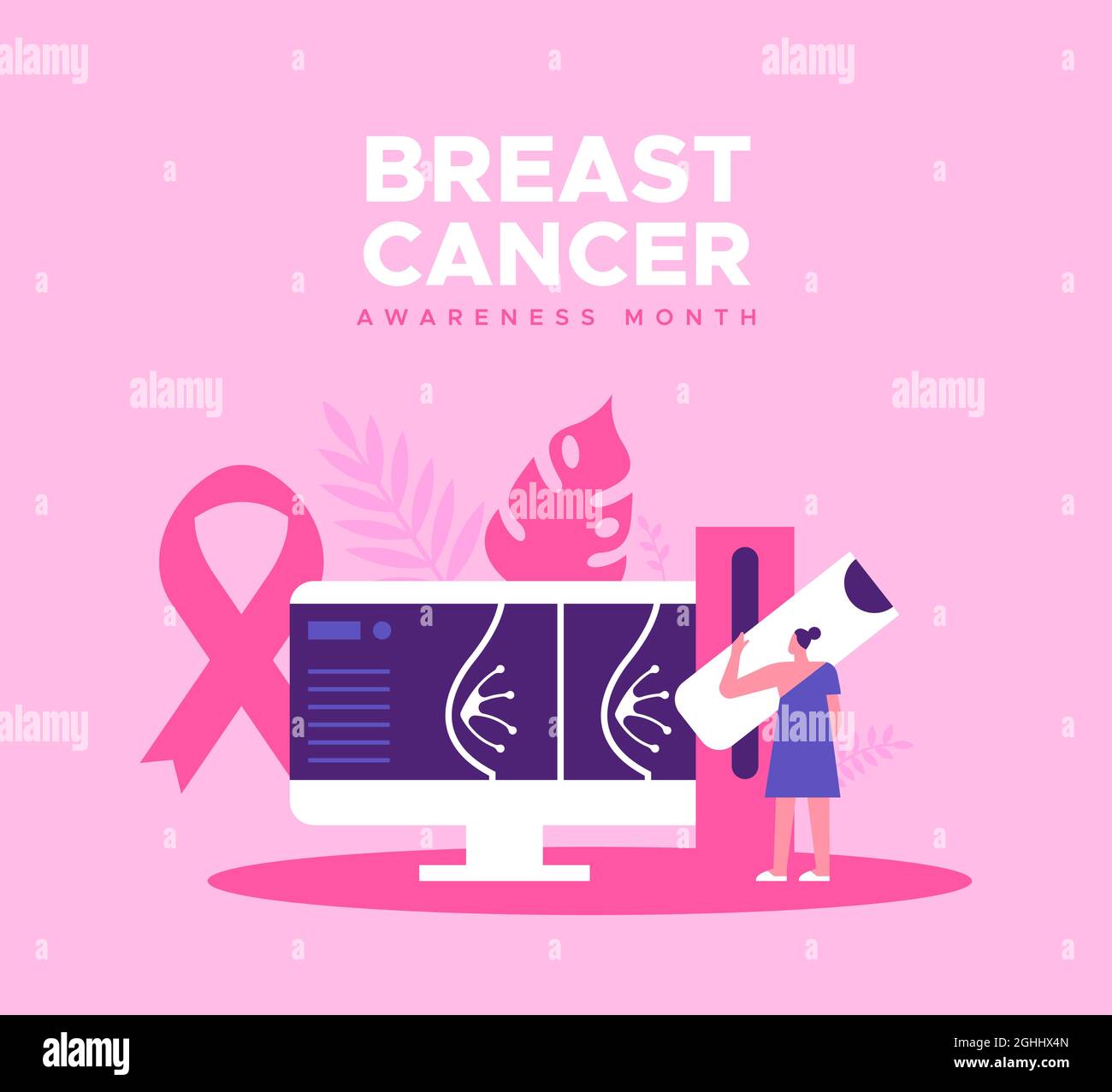 Breast cancer awareness month greeting card illustration. Young woman ...