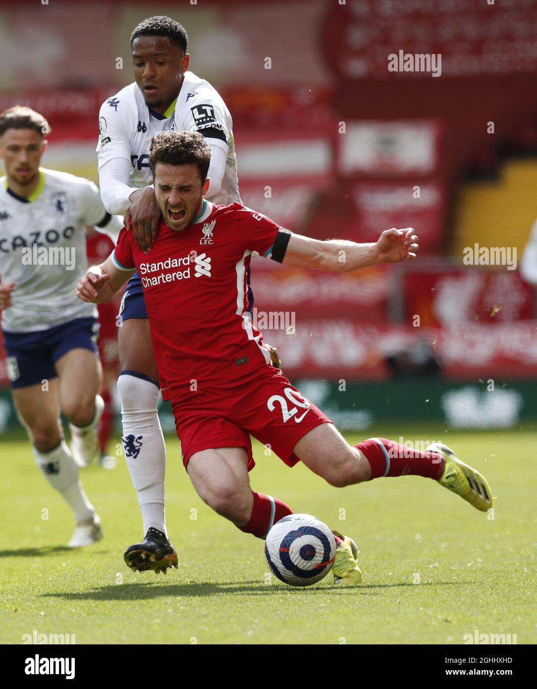 Liverpool, England, 10th April 2021. Diogo Jota of Liverpool challenged ...
