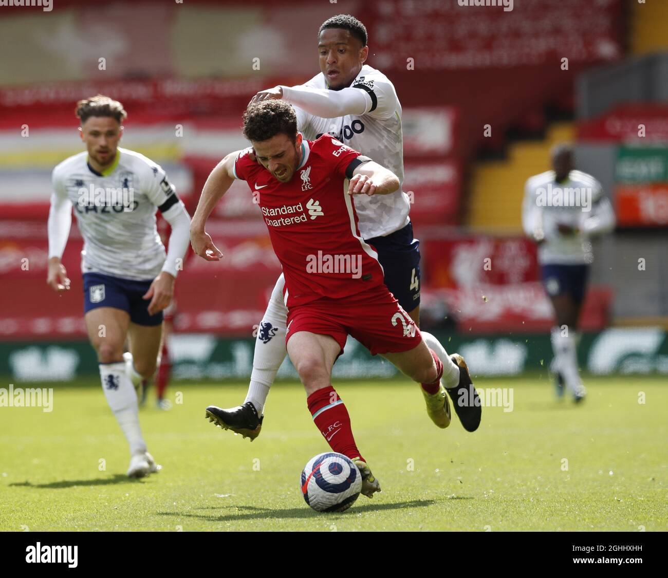Liverpool, England, 10th April 2021. Diogo Jota of Liverpool challenged ...