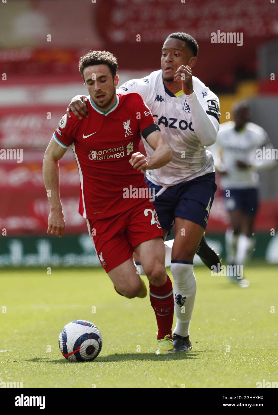 Liverpool, England, 10th April 2021. Diogo Jota of Liverpool challenged ...
