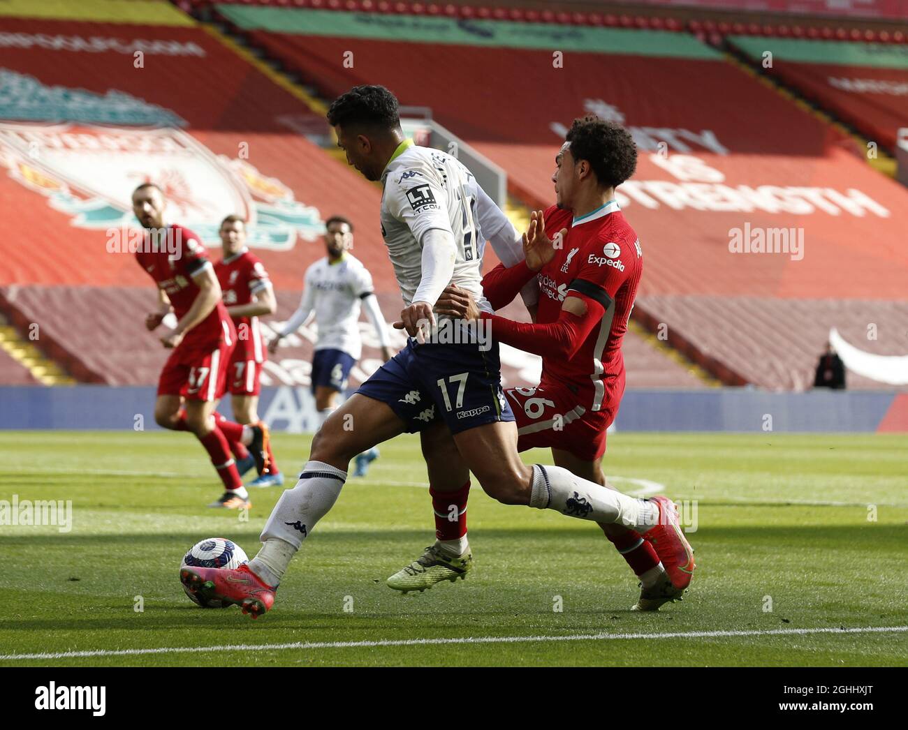 Liverpool, England, 10th April 2021. Trezeguet of Aston Villa tackled ...