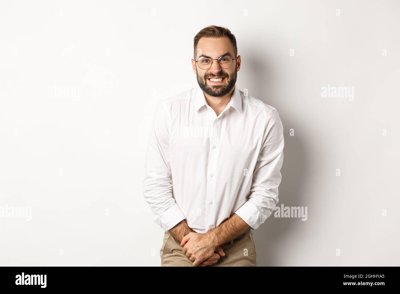 Troubled man having bladder problem, need toilet, standing over white ...