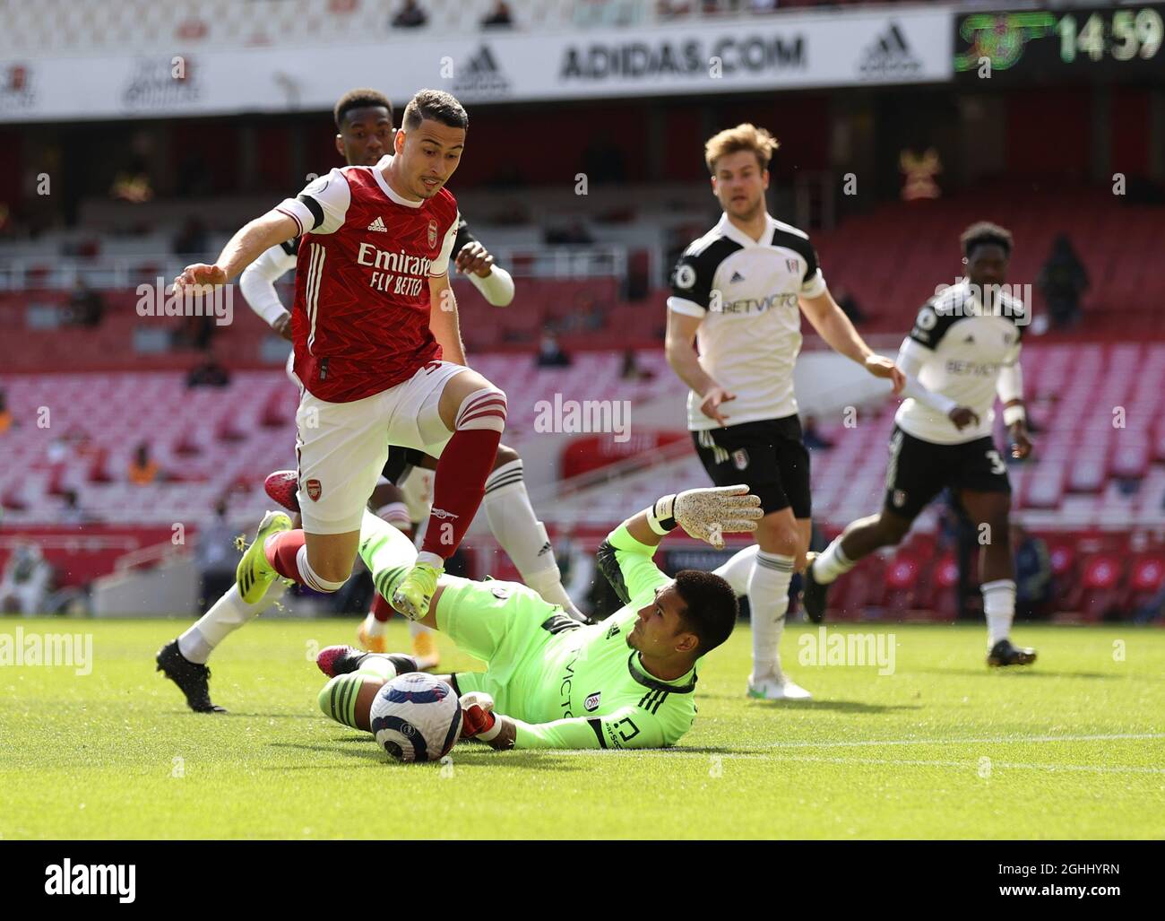 London, England, 18th April 2021. Gabriel Martinelli of Arsenal goes ...