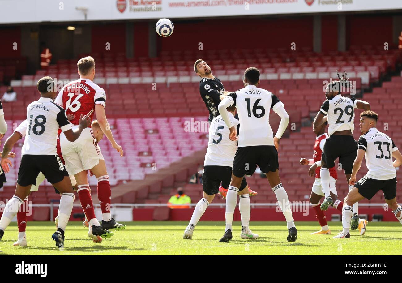 London, England, 18th April 2021. Mat Ryan of Arsenal goes up for a ...