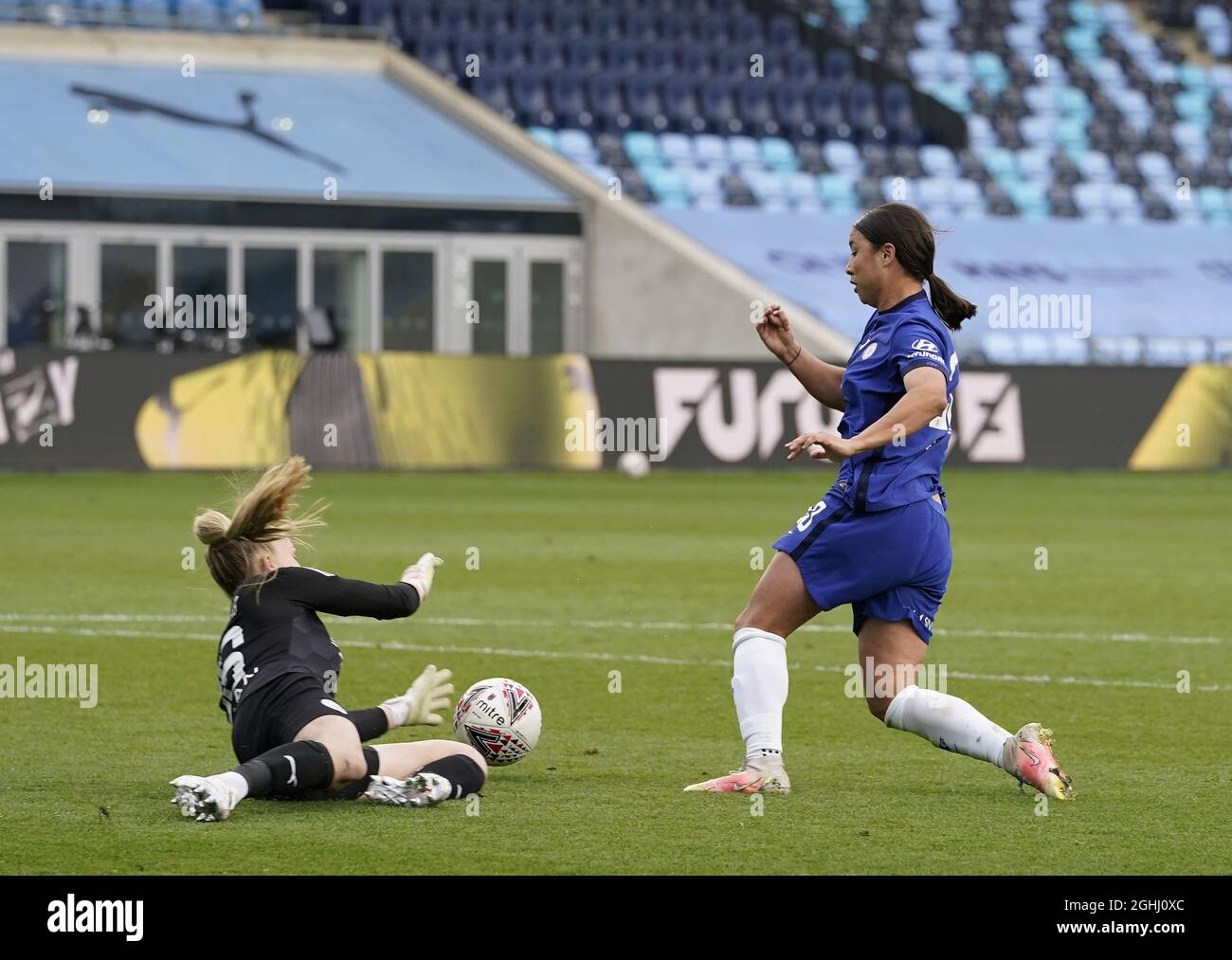 Manchester, England, 21st April 2021. Sam Kerr of Chelsea knocks the ...