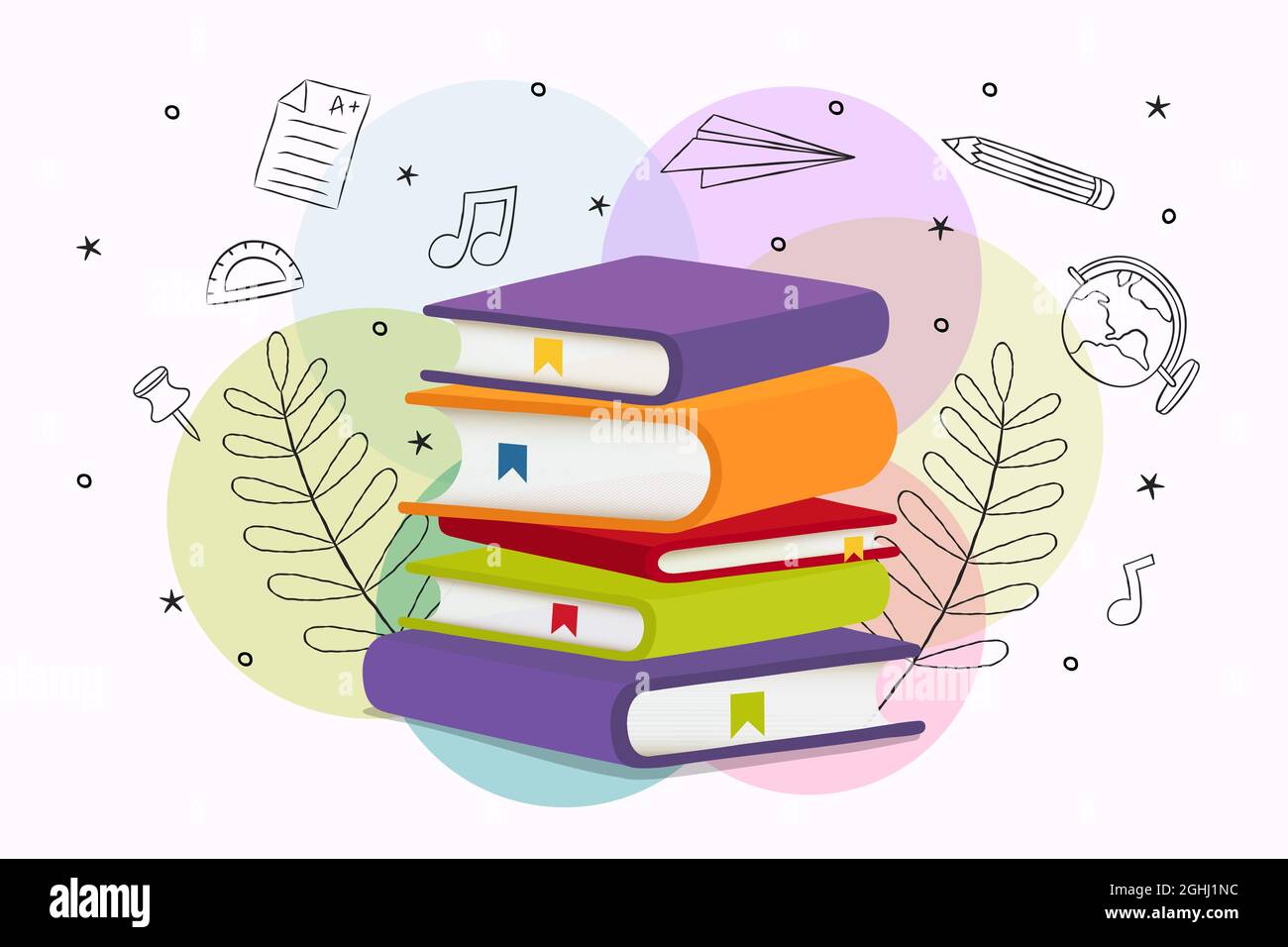 Big reading books pile on isolated white background. Colorful flat ...