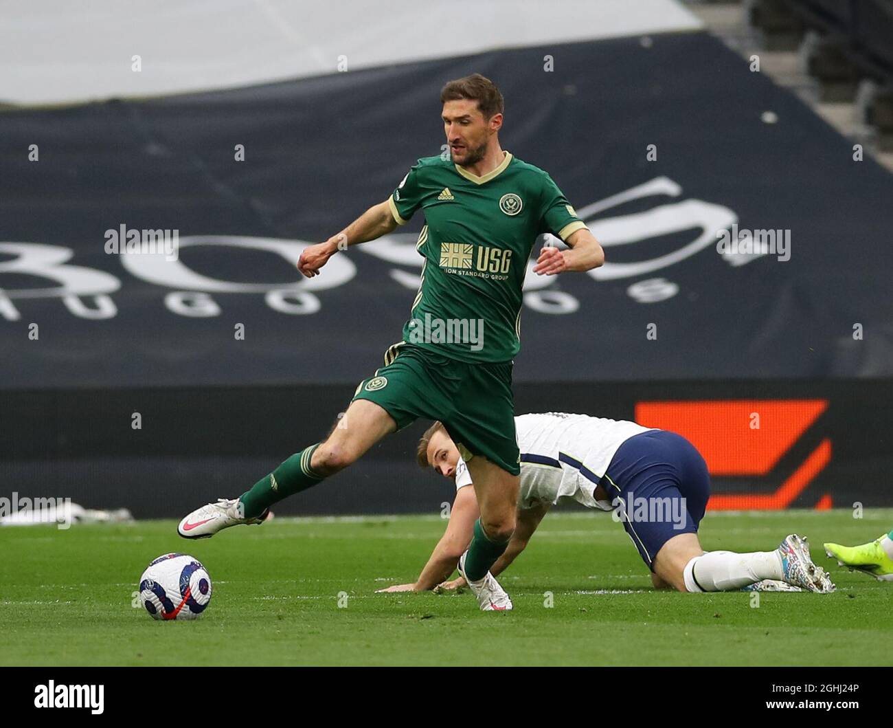 London, England, 2nd May 2021. Chris Basham of Sheffield Utd intercepts ...