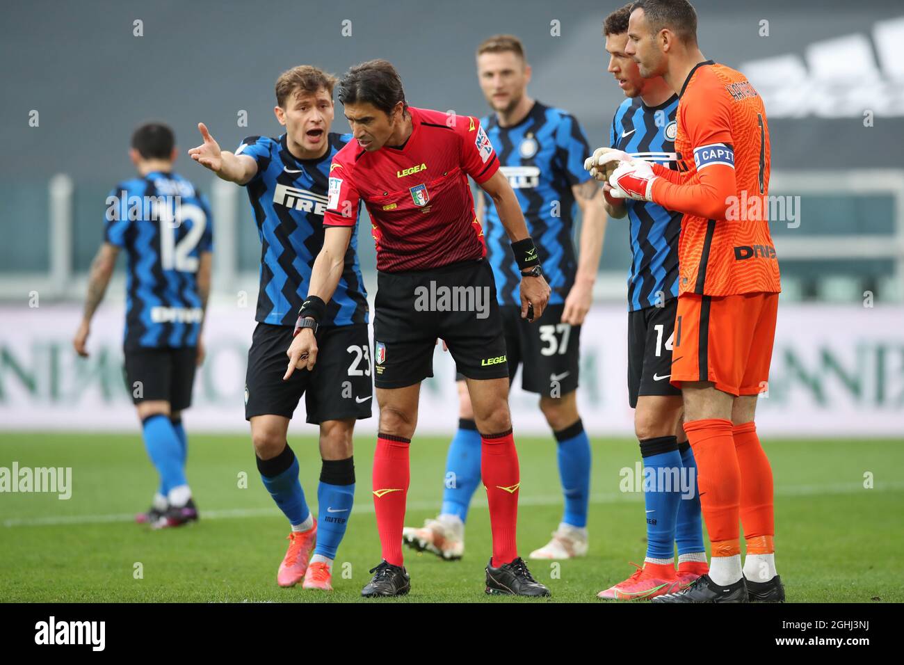 Turin, Italy, 15th May 2021. The referee Gianpaolo Calvarese points to ...
