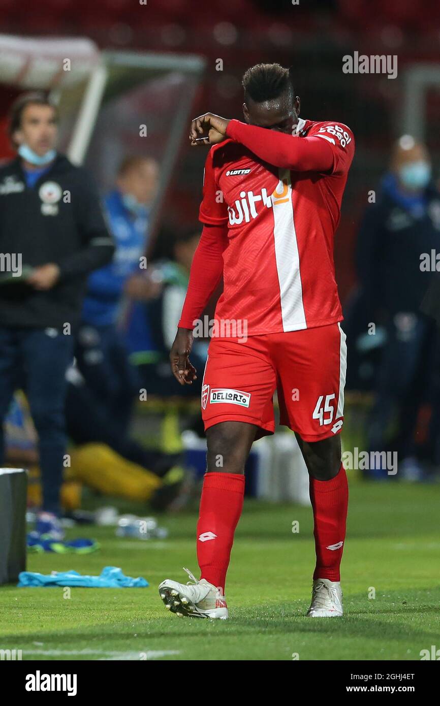 Monza, , 20th May 2021. Mario Balotelli of AC Monza reacts as he is ...