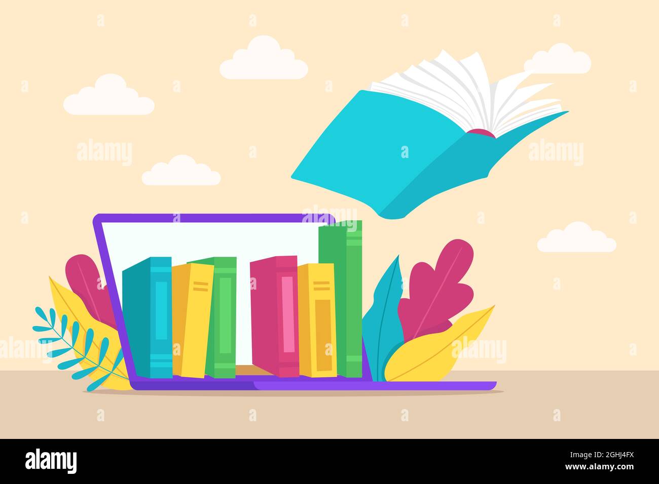 Colorful book flying from computer screen library illustration in ...