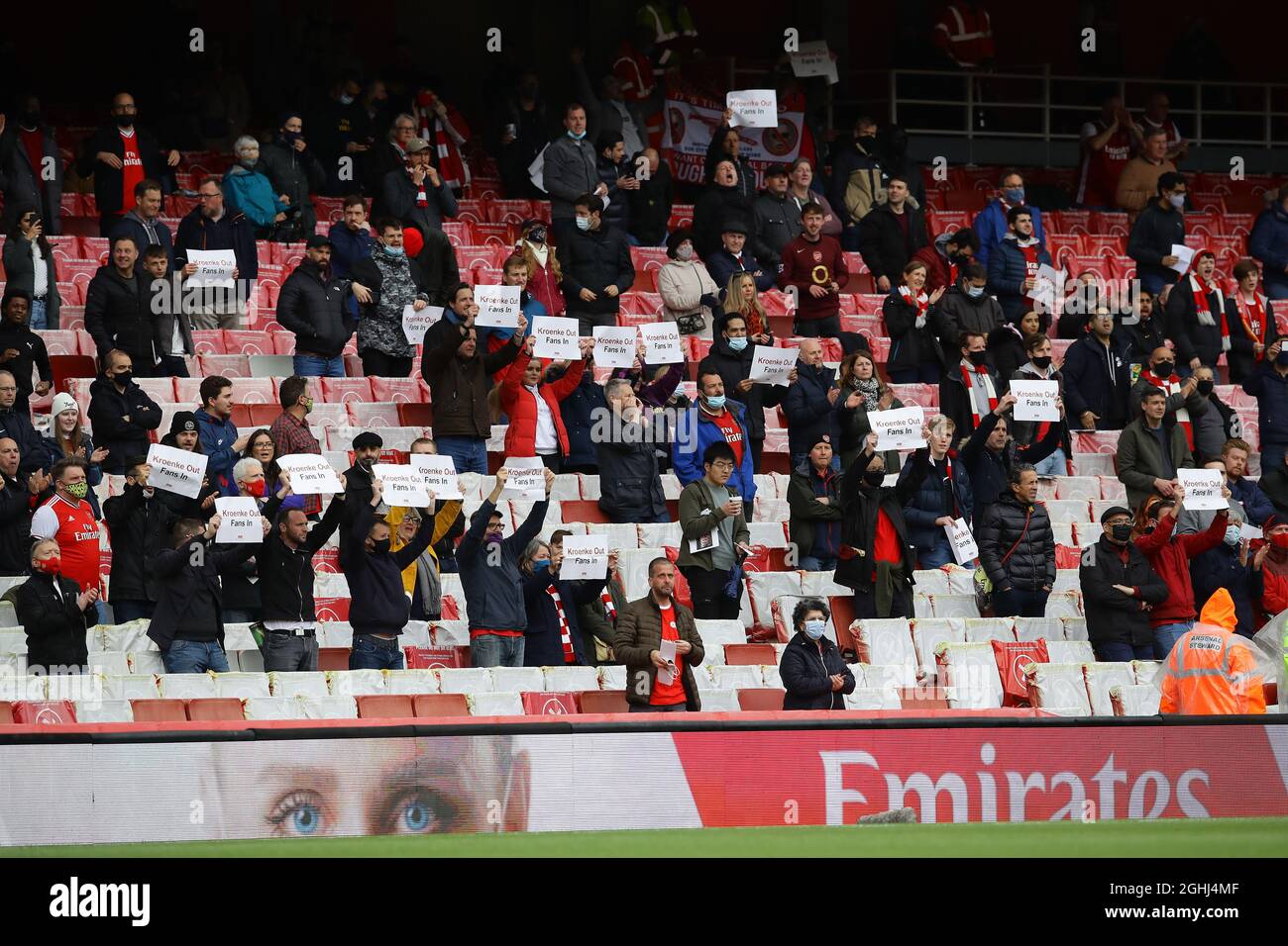 London, England, 23rd May 2021. Arsenal fans protest during the Premier ...