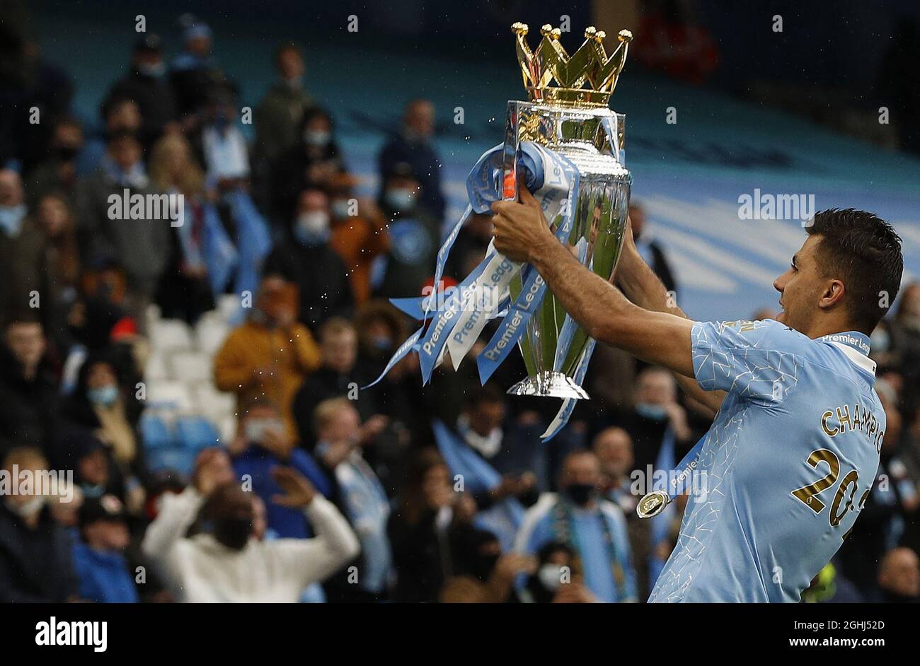 Manchester, England, 23rd May 2021. Rodrigo of Manchester City holds ...