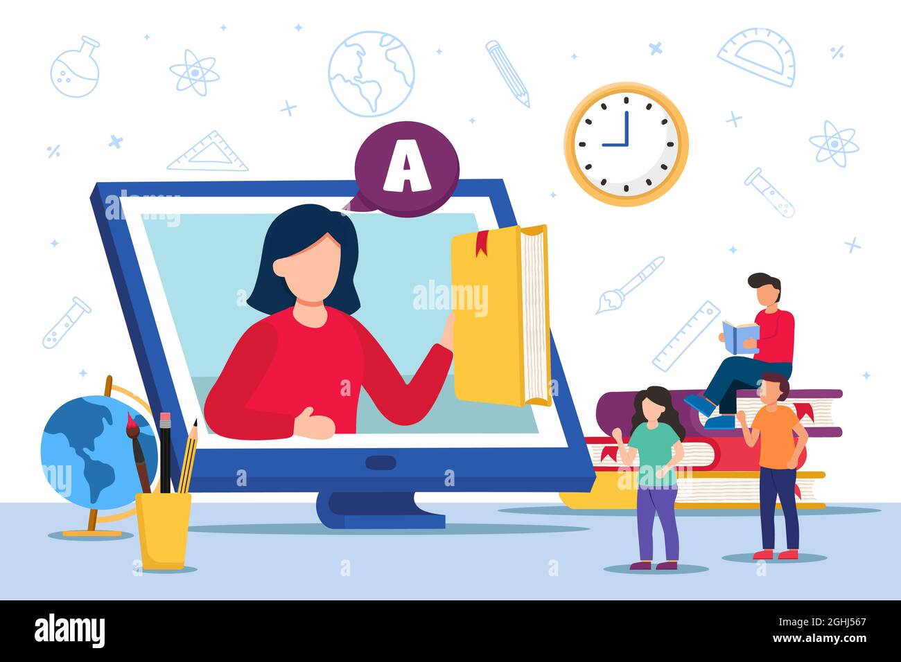 Diverse young student group reading book with teacher in online ...