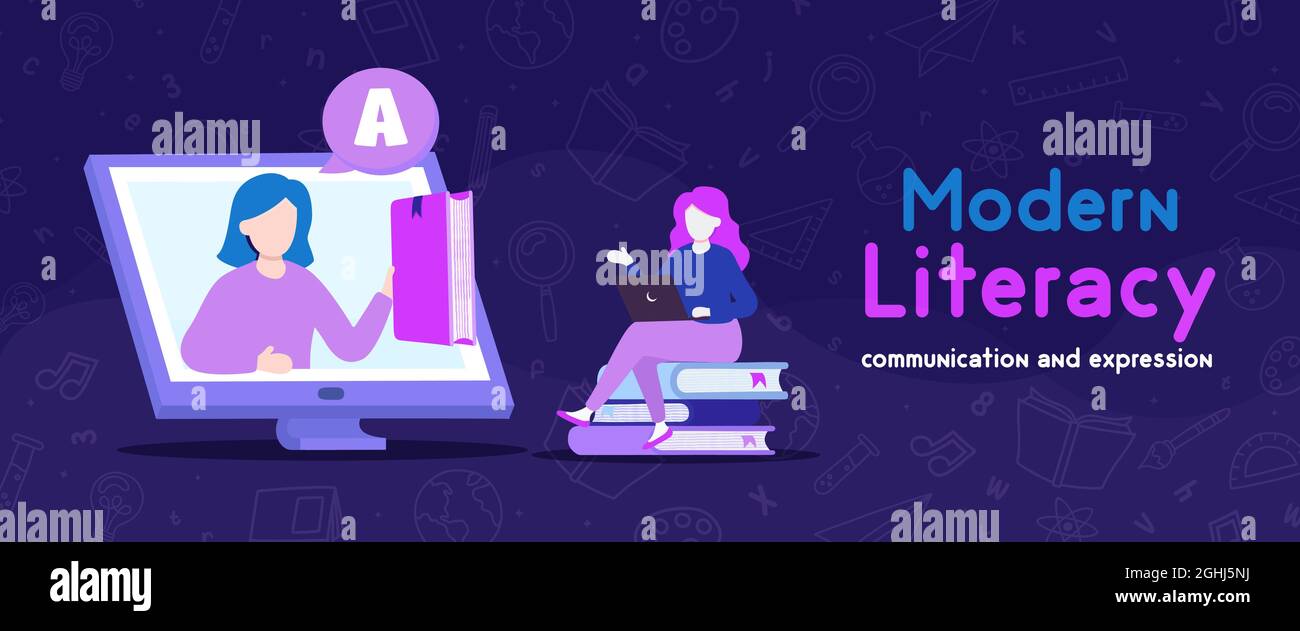 Modern literacy web banner illustration of young woman student reading ...