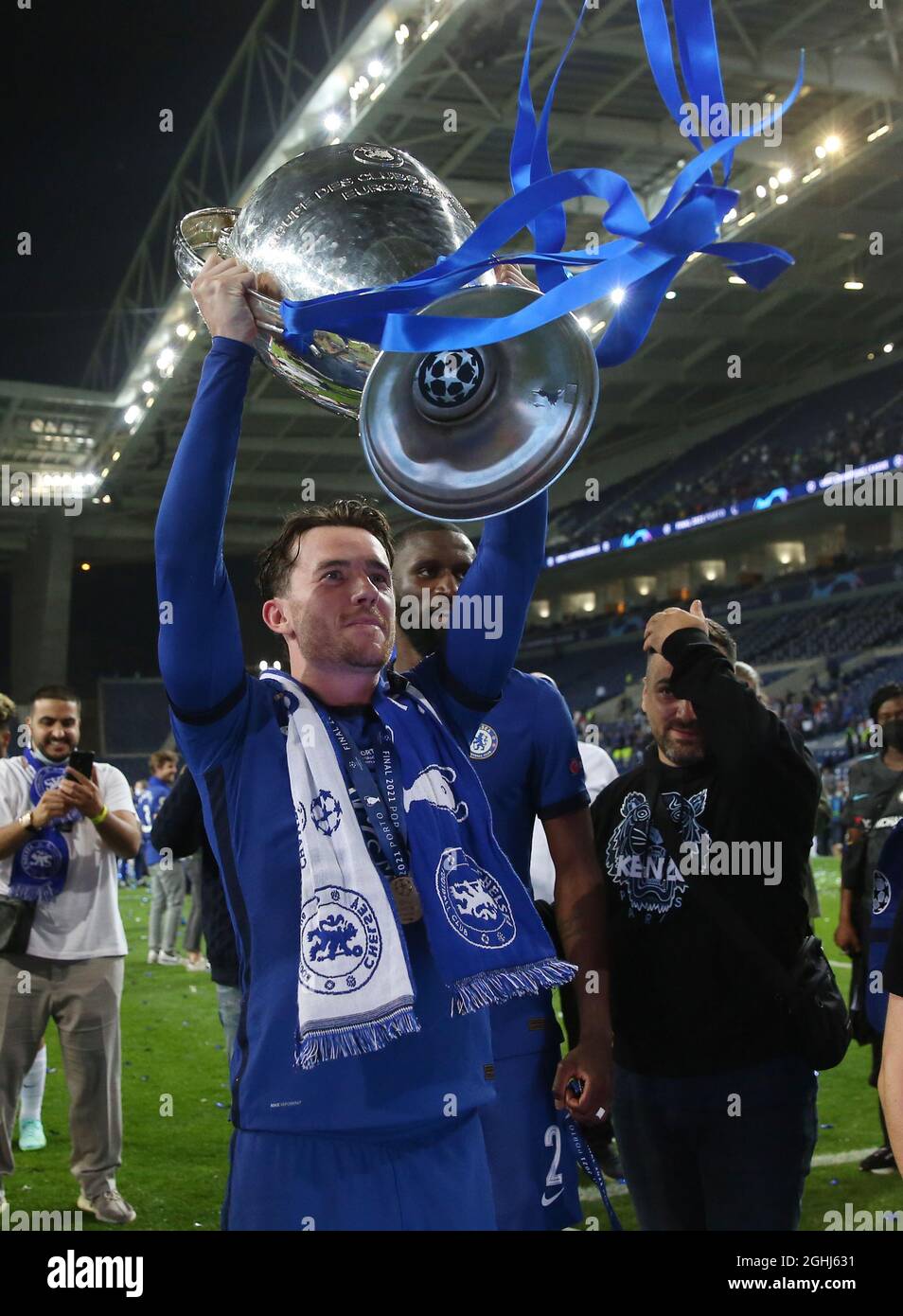 Porto, Portugal, 29th May 2021. Ben Chilwell of Chelsea with the trophy ...