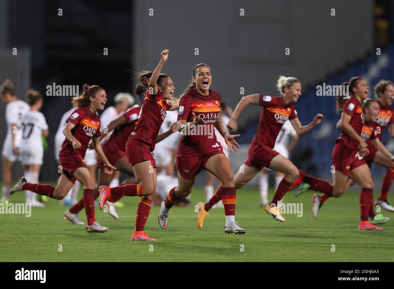 Sassuolo, Italy, 30th May 2021. AS Roma players celebrate after team ...