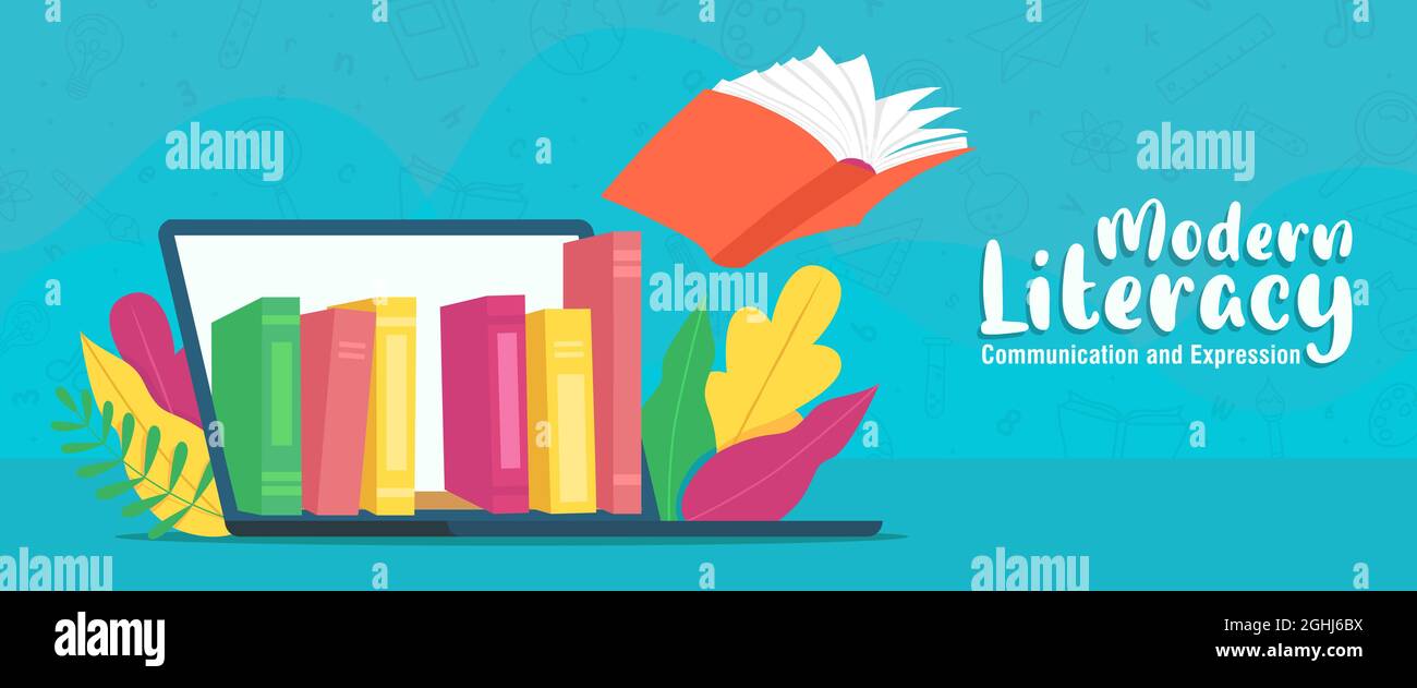 Modern Literacy web banner illustration of colorful book flying from ...