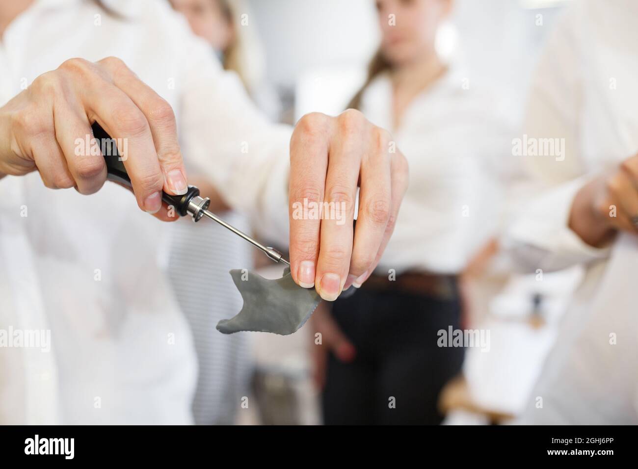 Dentist practice with mini screw model on dental model. Orthodontic ...