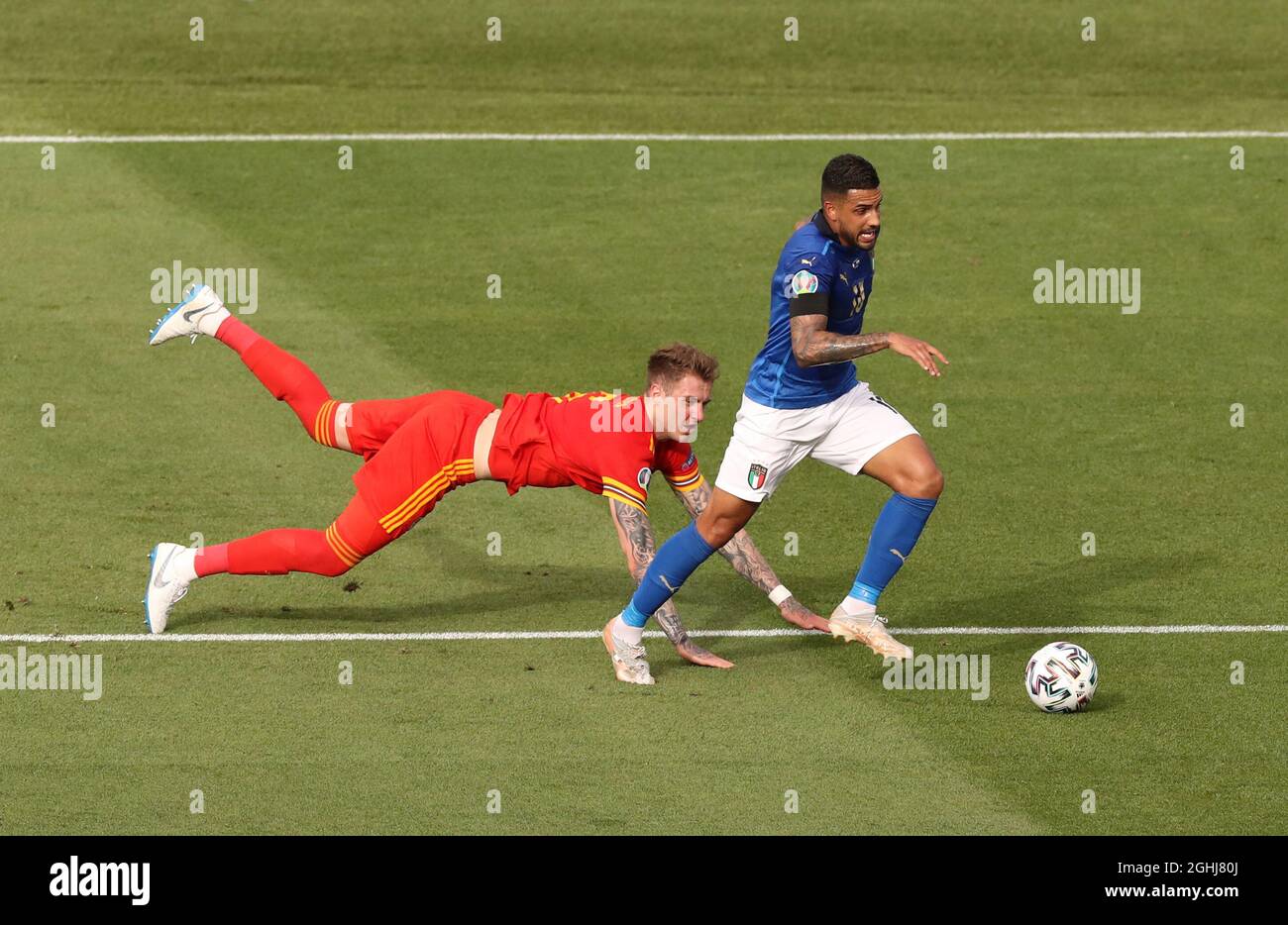 Rome, Italy, 20th June 2021. Emerson of Italy gets past Joe Rodon of ...