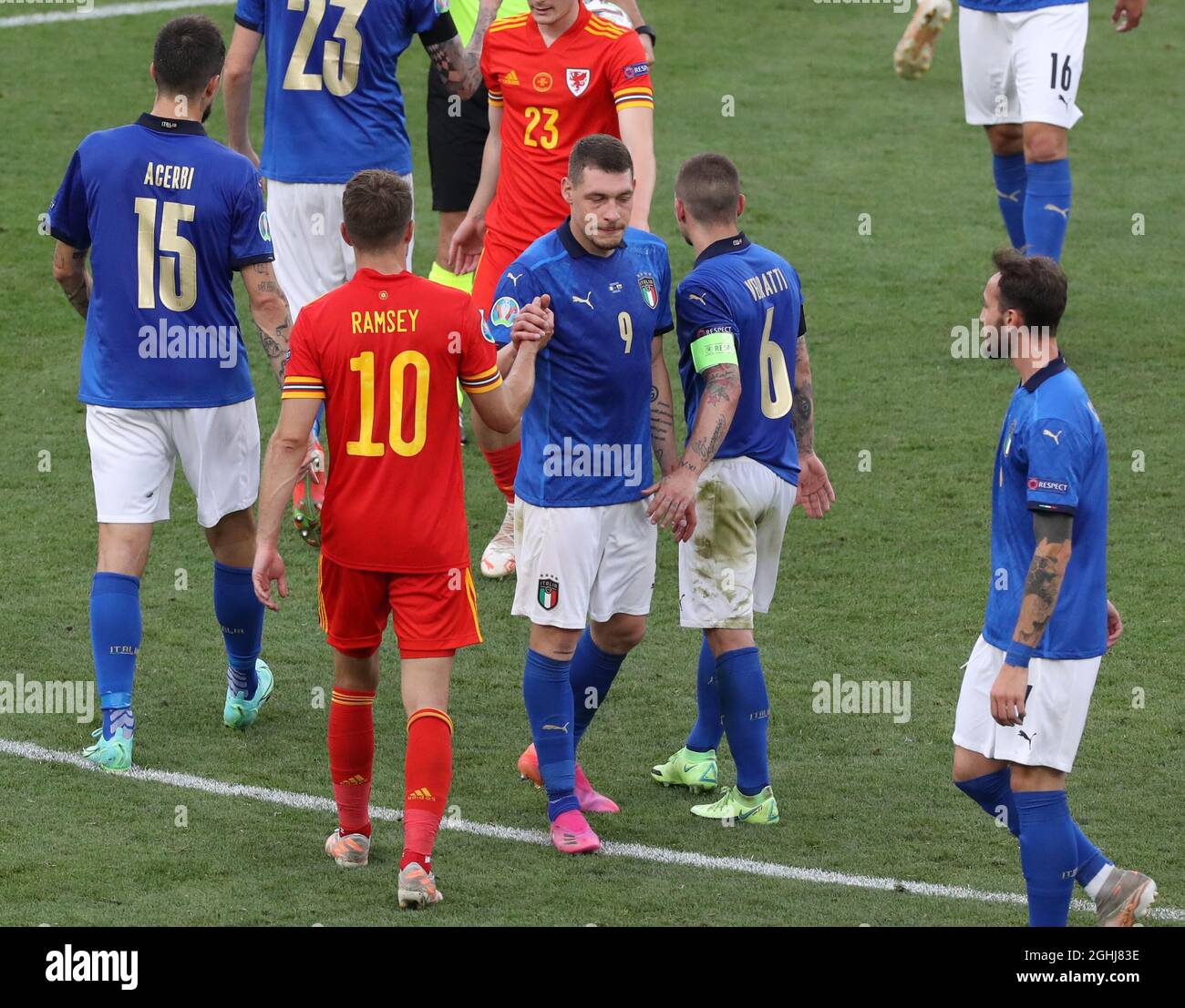 Rome, Italy, 20th June 2021. Andrea Belotti of Italy consoles Aaron ...