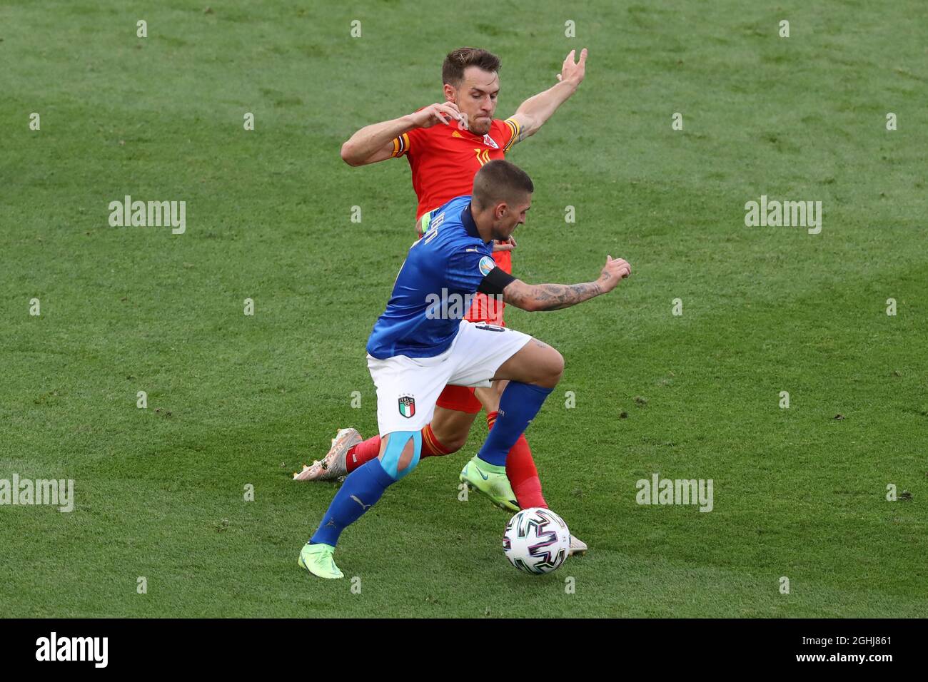 Rome, Italy, 20th June 2021. Aaron Ramsey of Wales chaos Marco Verratti ...