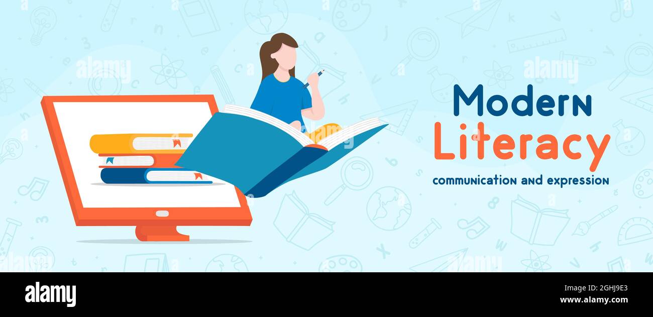 Modern Literacy web banner illustration of young woman flying in open ...