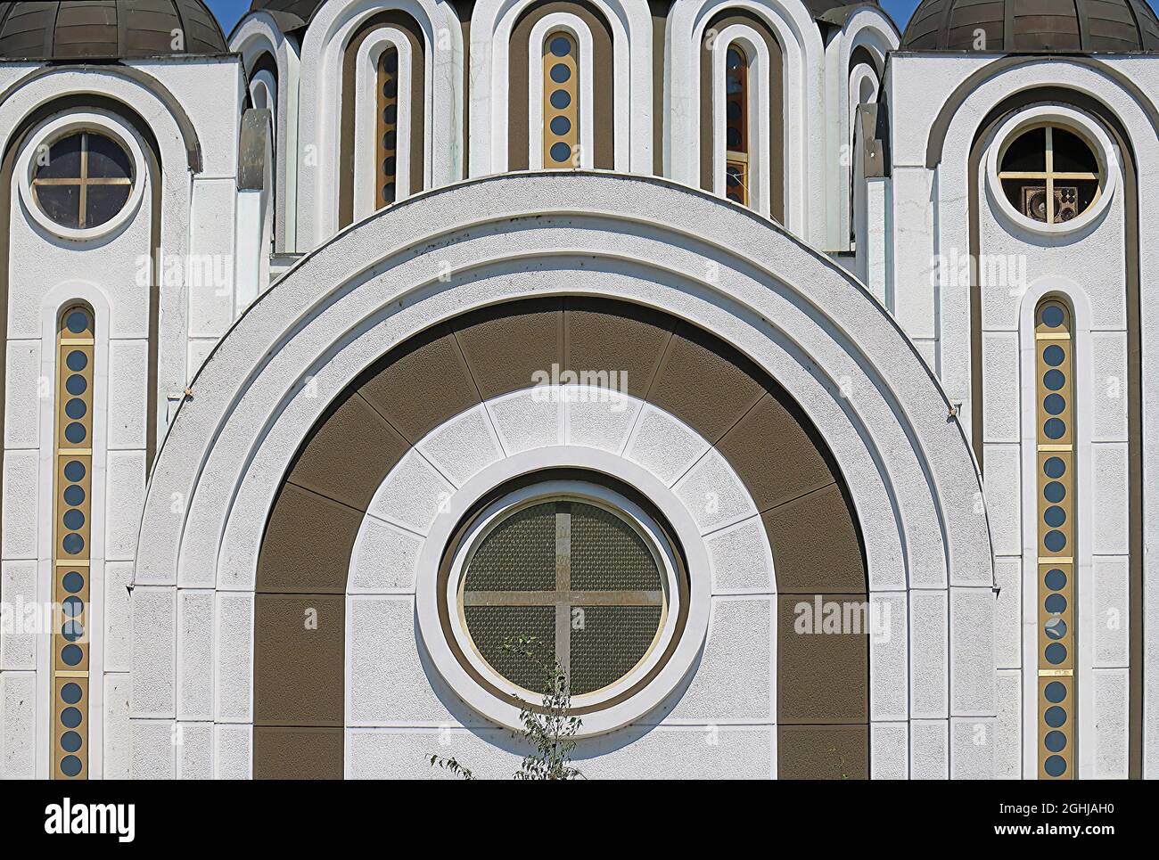 Retro church white stone facade exterior with circle window Stock Photo ...