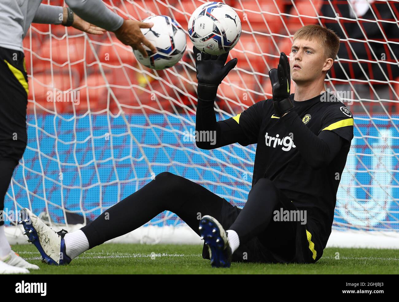 Bournemouth, England, 27th July 2021. Lucas Bergstrom of Chelsea warms ...