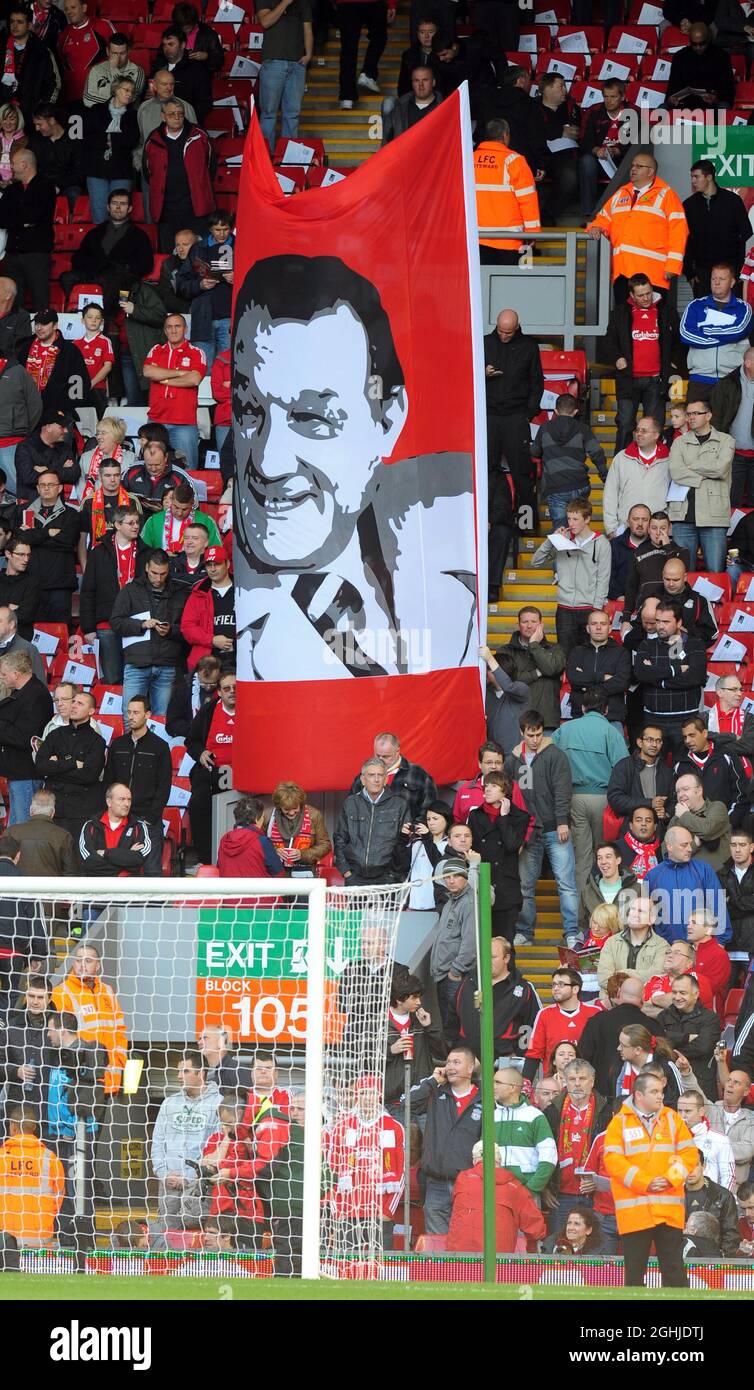 Liverpool fans display a banner on the kop featuring former manager Bob ...