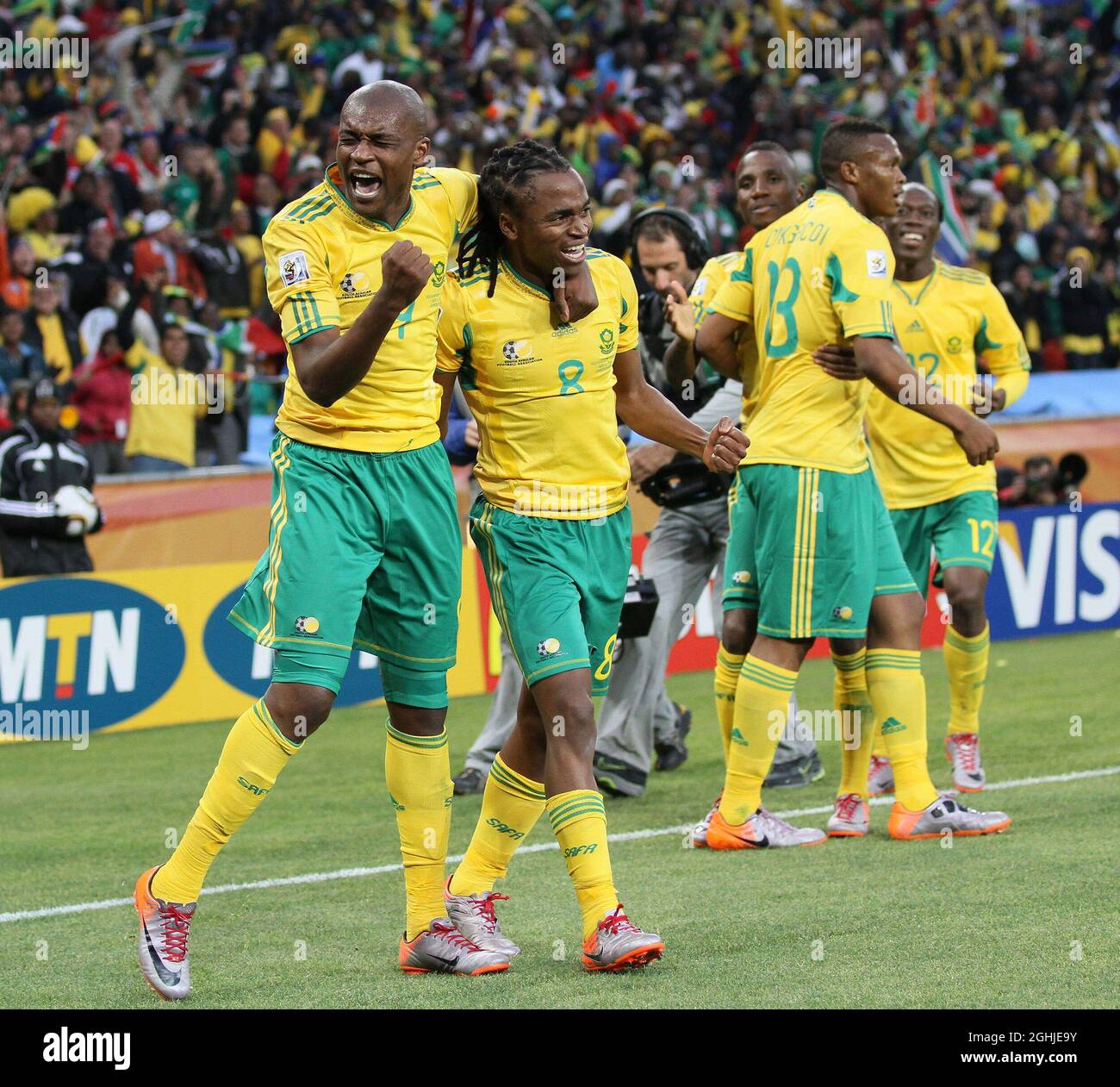 South Africa's Siphiwe Tshabalala celebrates scoring his sides opening ...