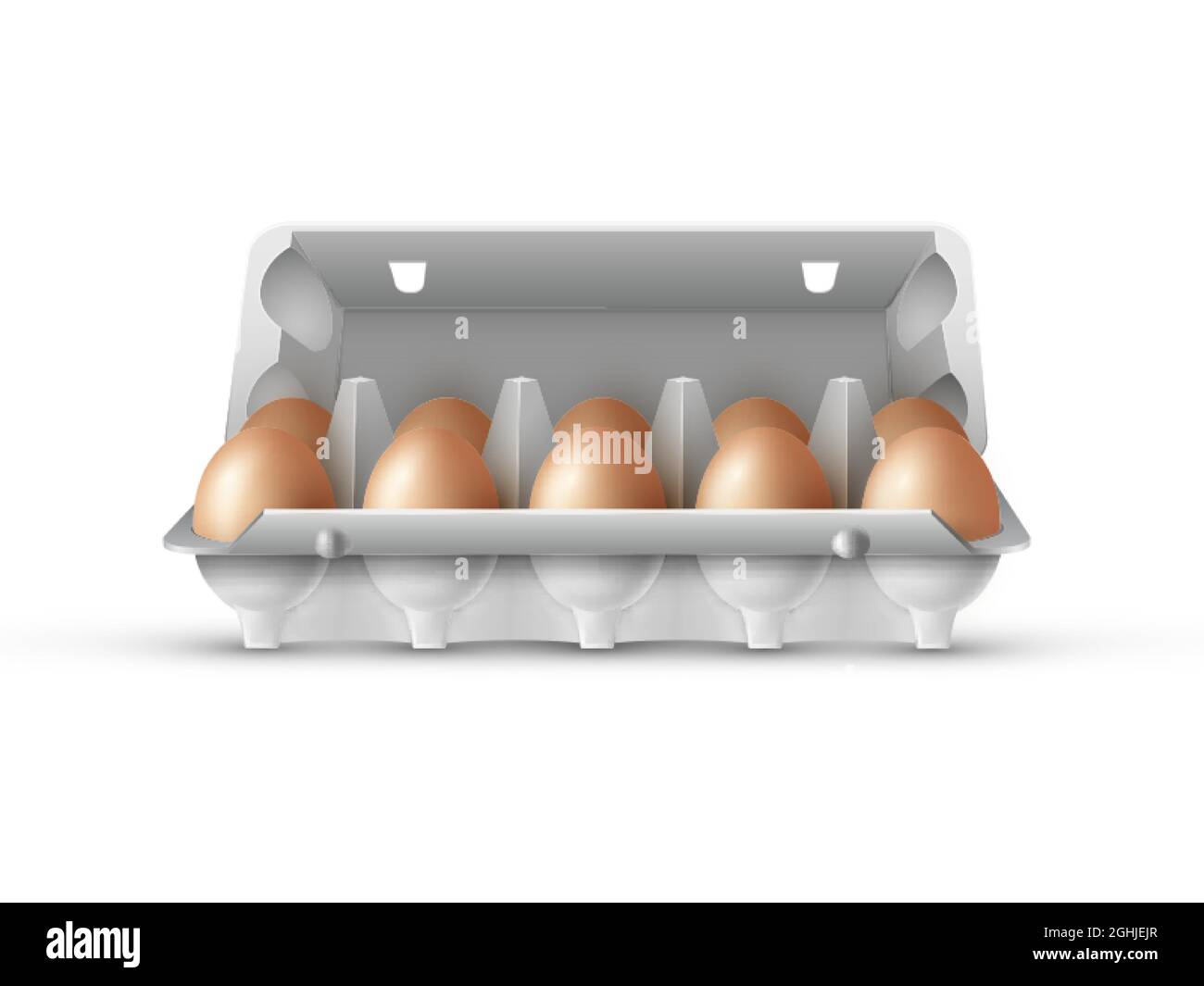 Open box of eggs filled with brown eggs on white background, ten eggs ...