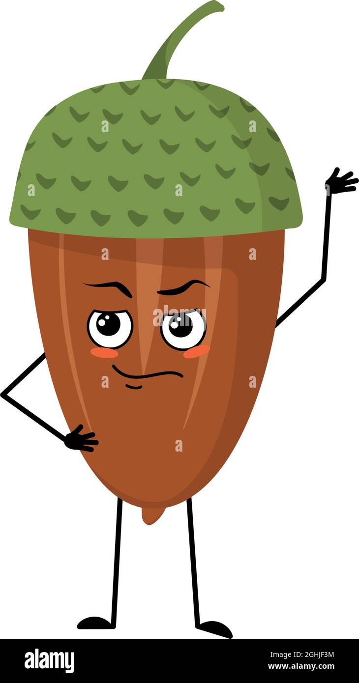 Character acorn with emotions of a hero, a brave face, arms and legs ...