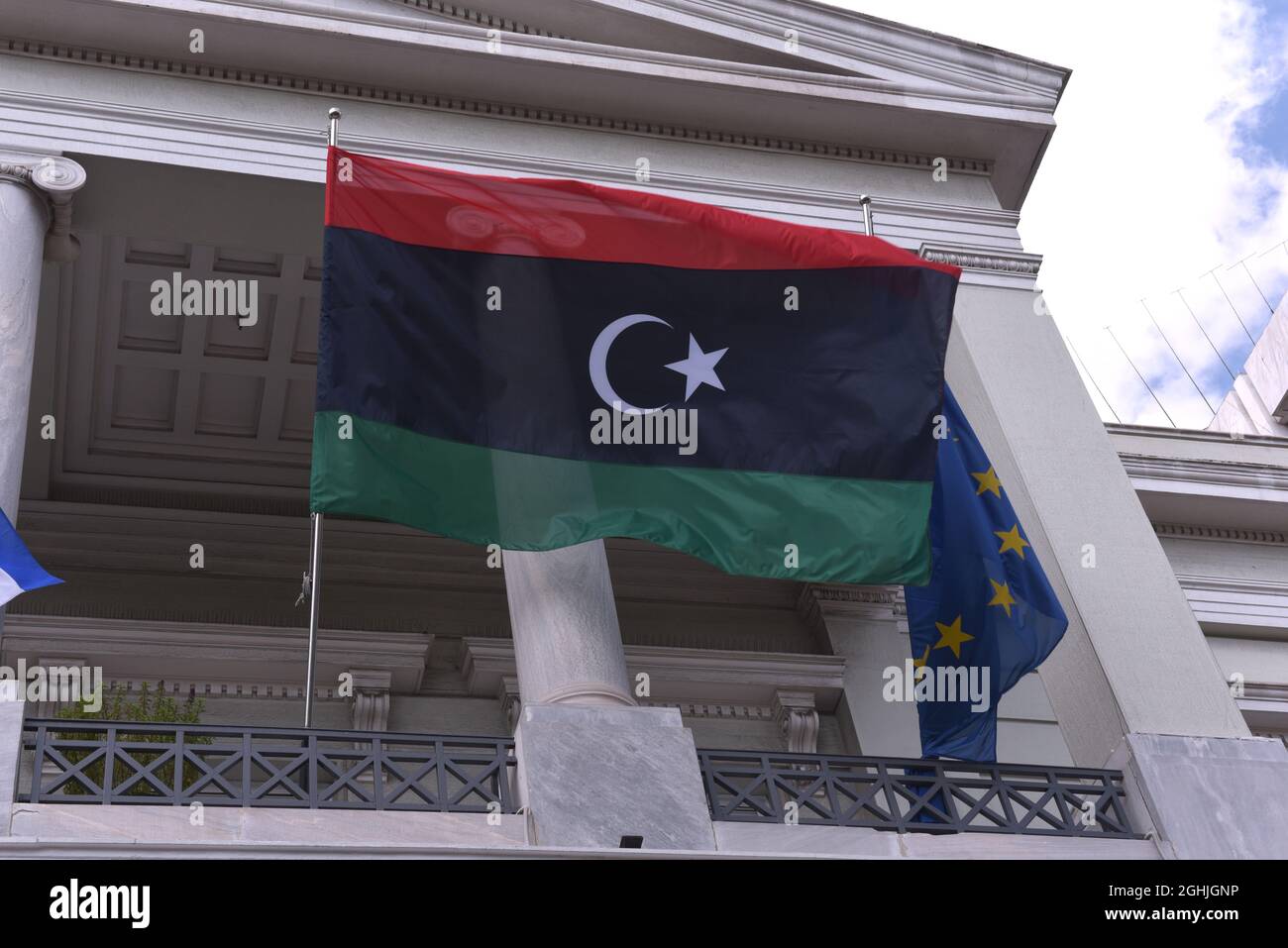 Athens, Greece. 06th Sep, 2021. Libyan flag in the building of the ...