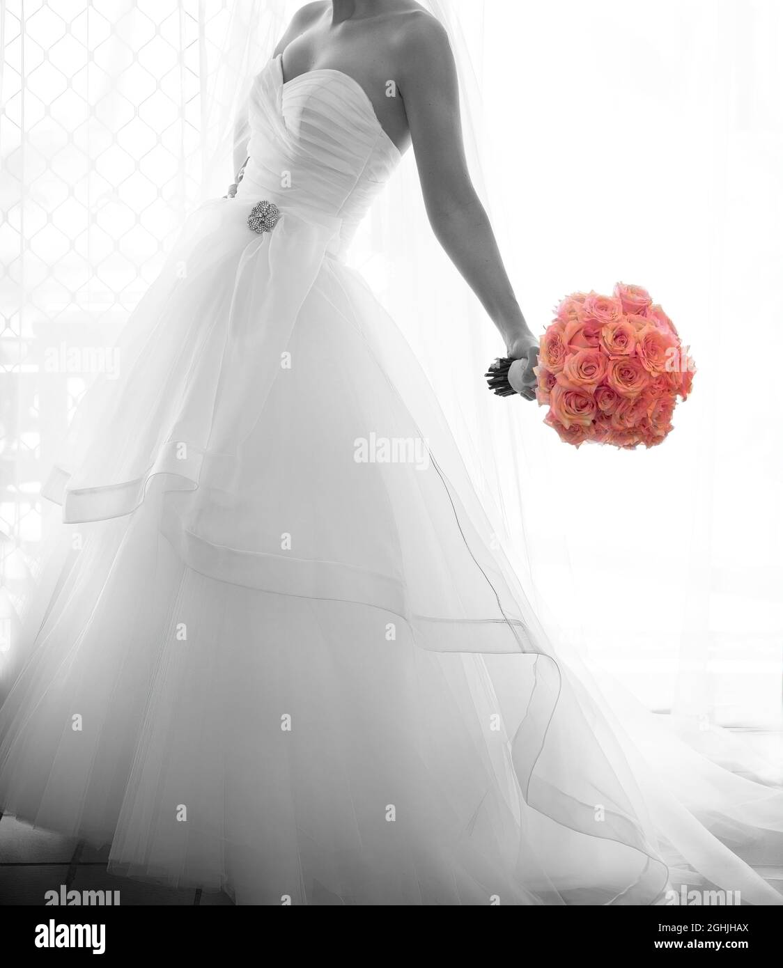Softly focused monotone bridal image in window light with colorized ...