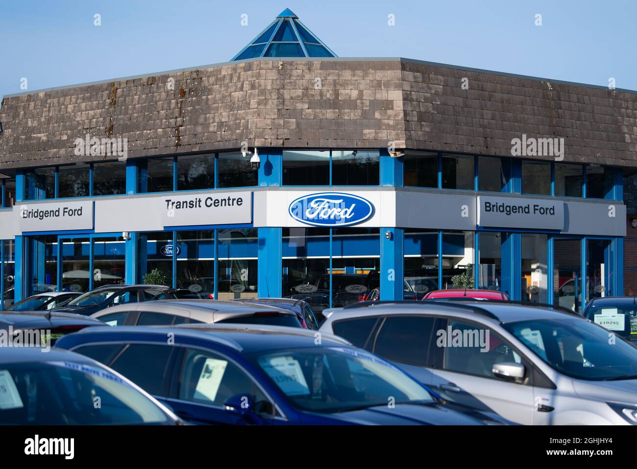 A general view of a Ford car garage in Bridgend, Wales, United Kingdom ...
