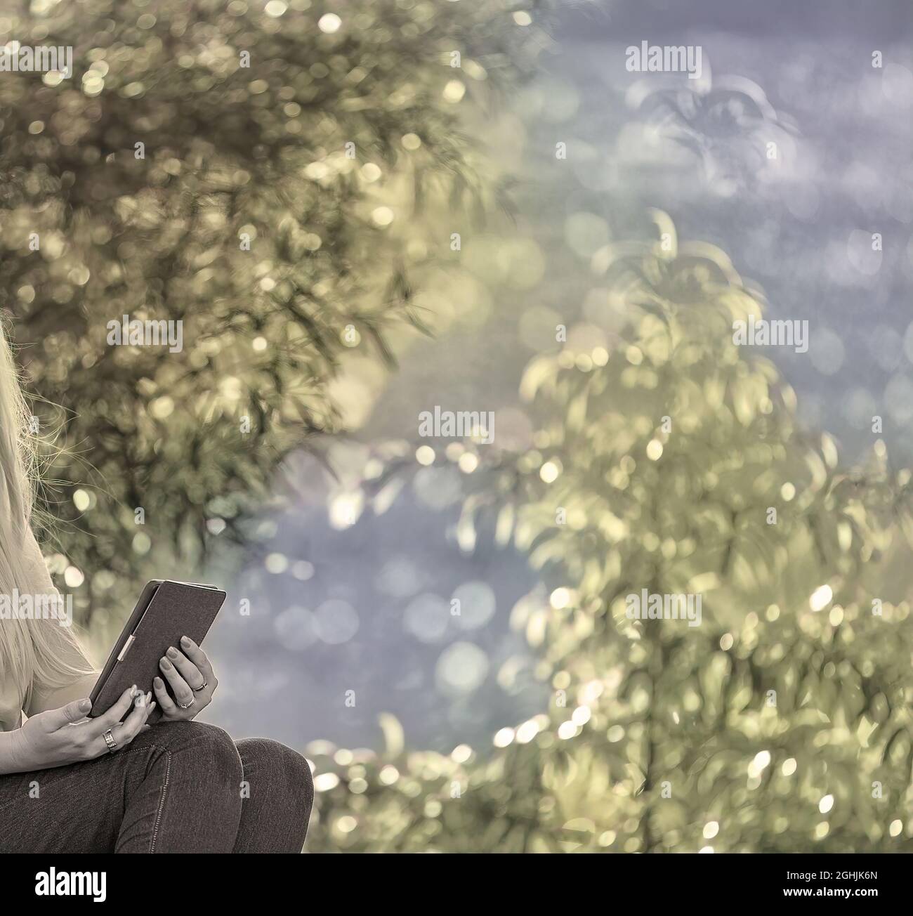 Young woman's hands holding a kindle as she sits and reads in the ...