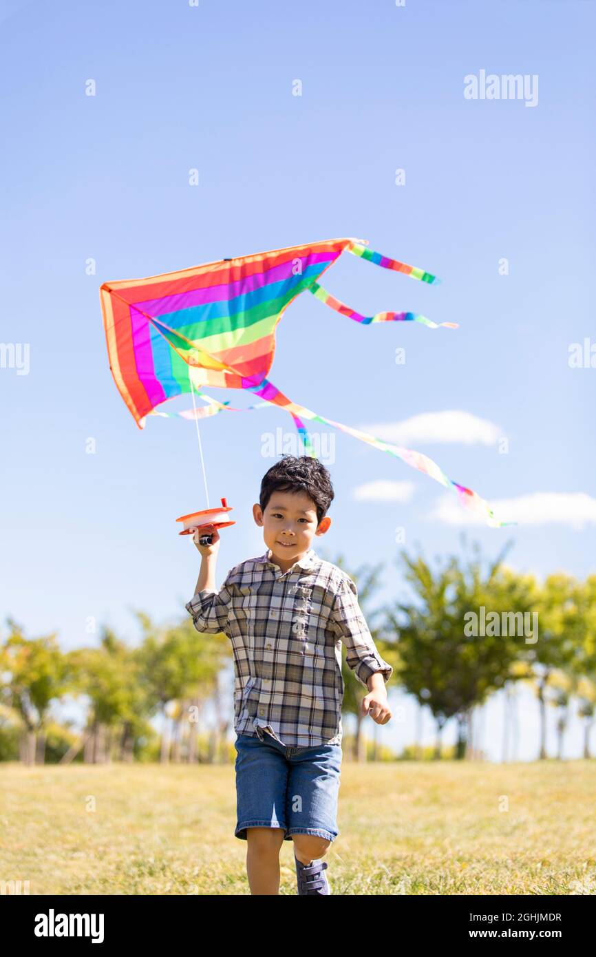 Happy boy running with kite on meadow Stock Photo - Alamy