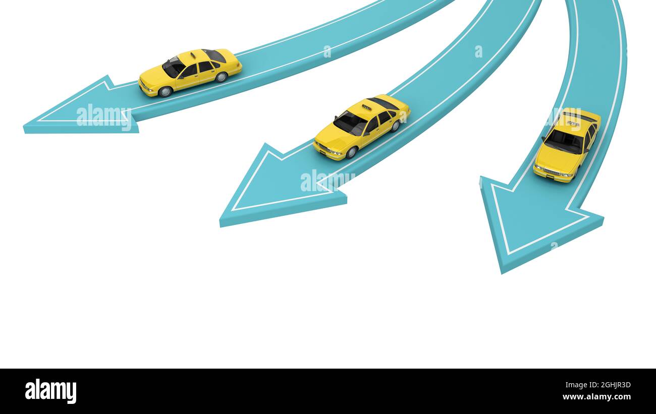 taxi car go in different directions isolated on white above view. 3d ...