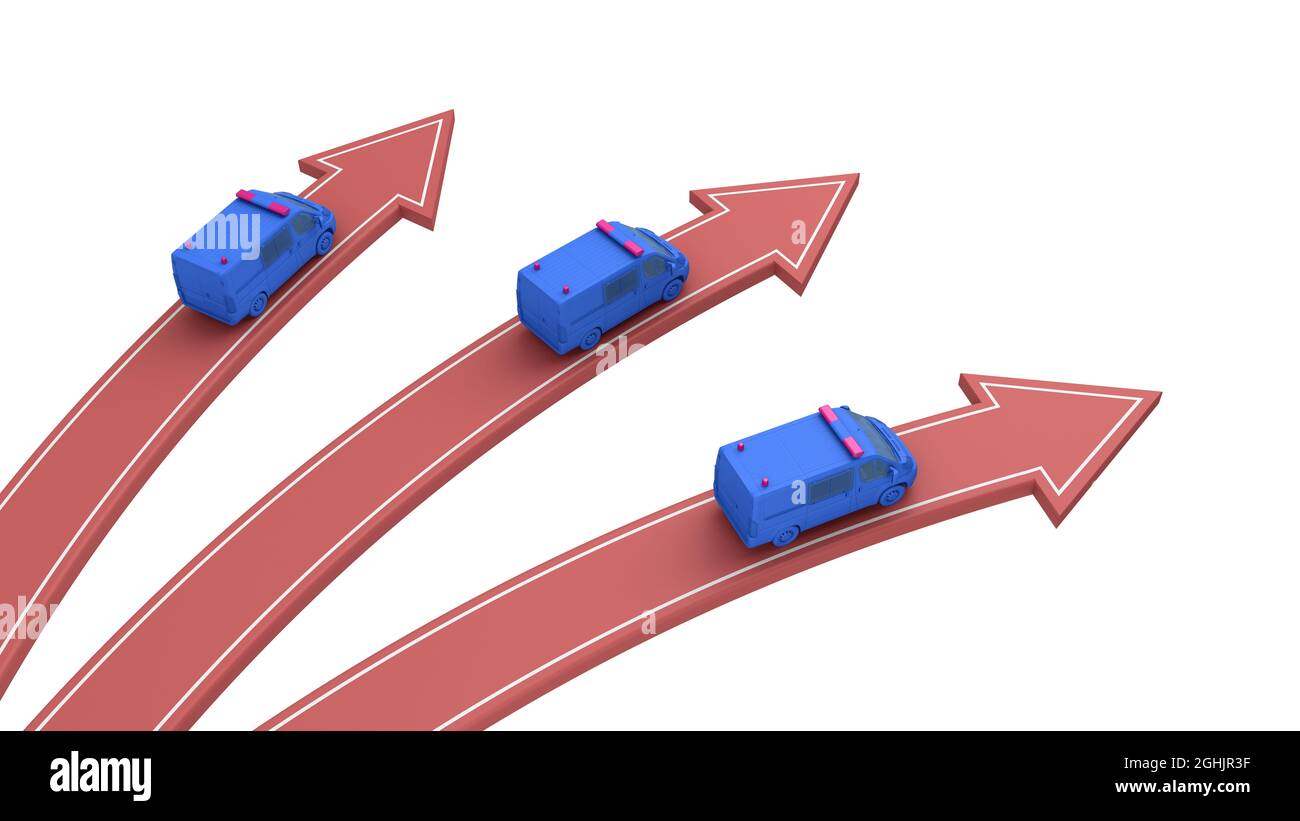 police car go in different directions isolated on white above view. 3d ...