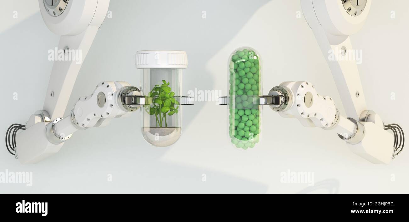 concept of technology for creating vitamins from plants. 3d rendering ...