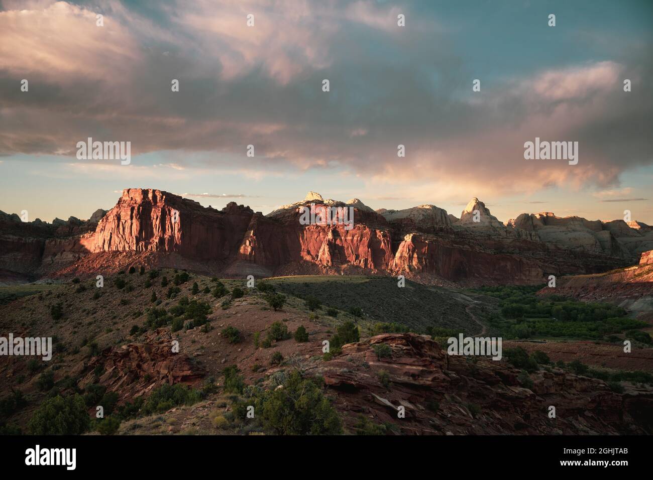 Light Shines on Red Cliffs from Scenic Drive in Capitol Reef National ...