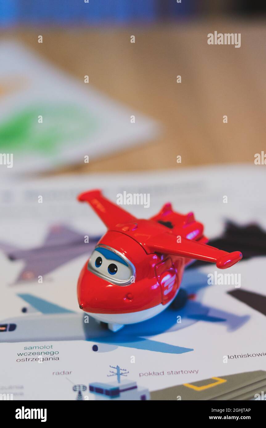 POZNAN, POLAND - Oct 21, 2018: A vertical shot of a red Super Wings ...