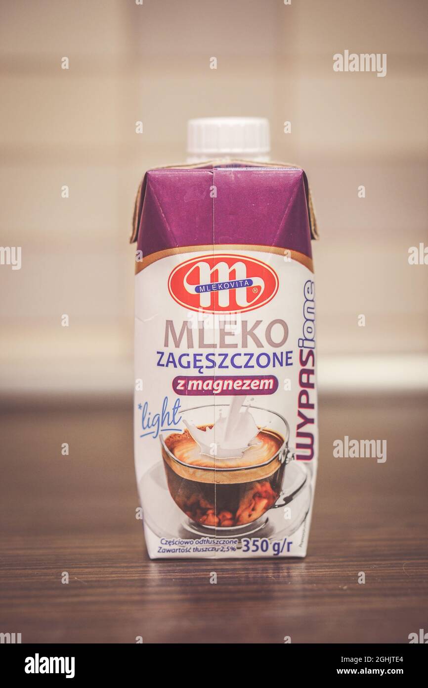 POZNAN, POLAND - Nov 10, 2016: A vertical shot of Polish Mlekovita milk ...
